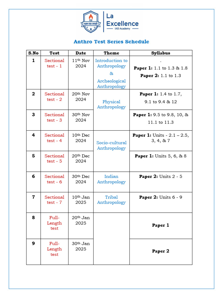 Anthropology - Test Series Schedule | PDF