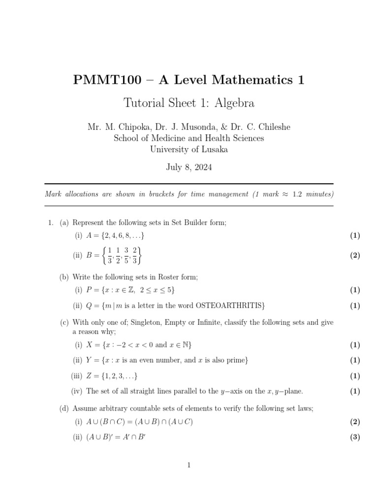 PMMT100 Tutorial Sheet 1 | PDF | Equations | Algebra