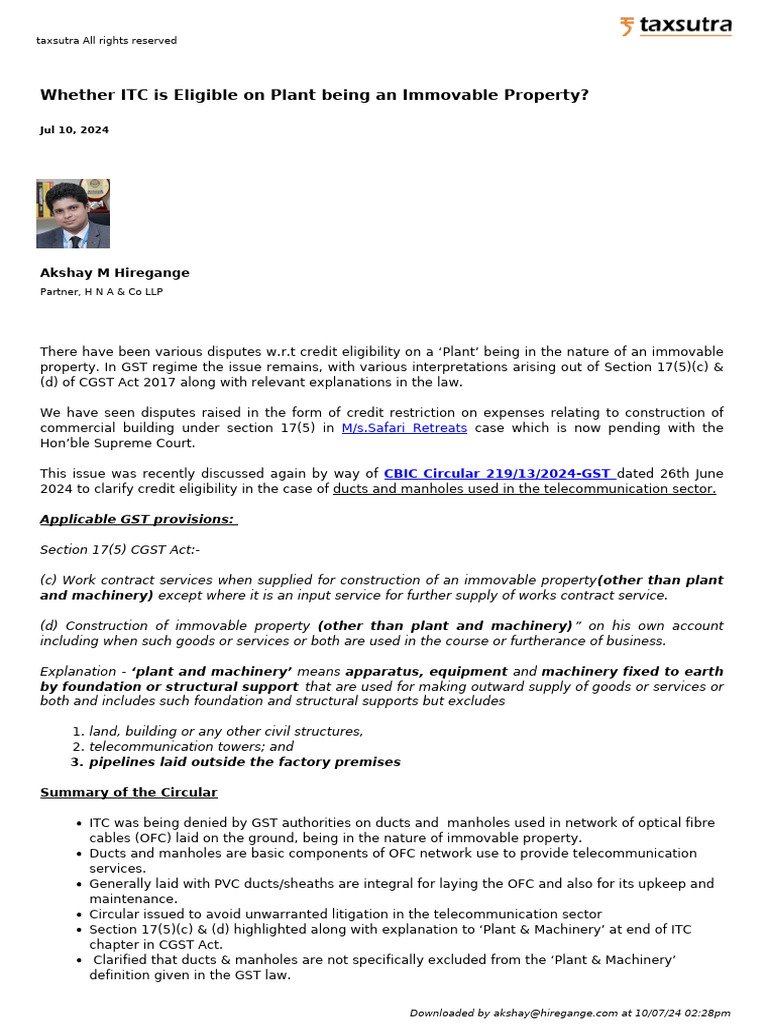 ITC On Plant Being Immovable Property-1 | PDF | Technology & Engineering