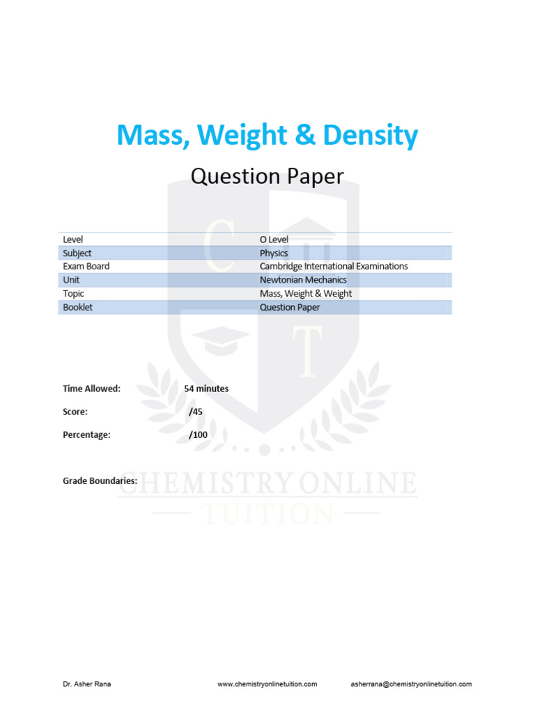 4-Mass Weight Density - Newtonian Mechanics-Cie Olevel Physics | PDF | Weight | Mass