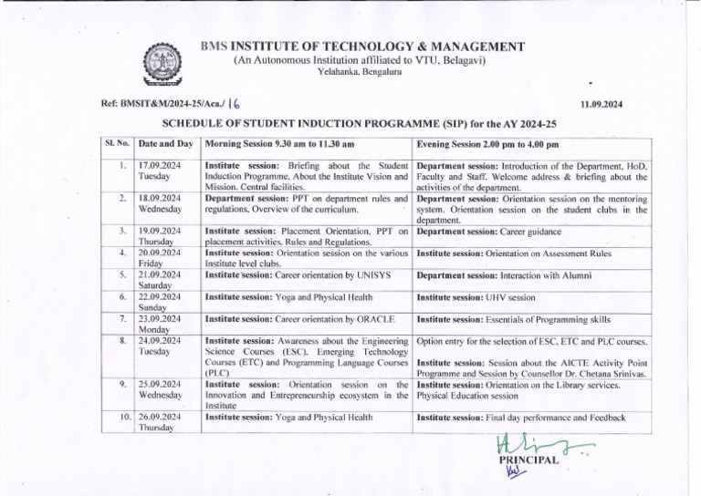 Updated Schedule - Student Induction Programme (SIP) 2024-25 | PDF