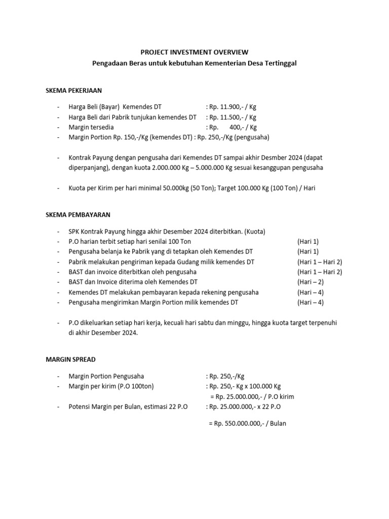 PROJECT INVESTMENT OVERVIEW Beras | PDF