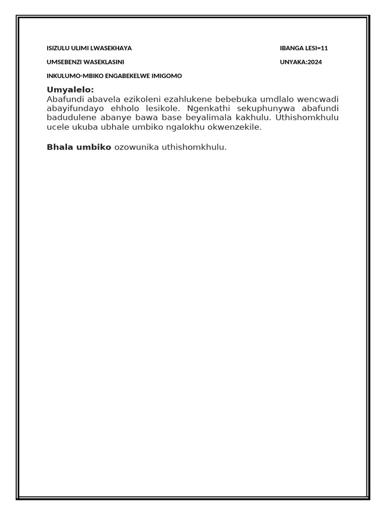 Umsebenzi Waseklasini-Umbiko Ongabekelwe Umgomo-2024 | PDF