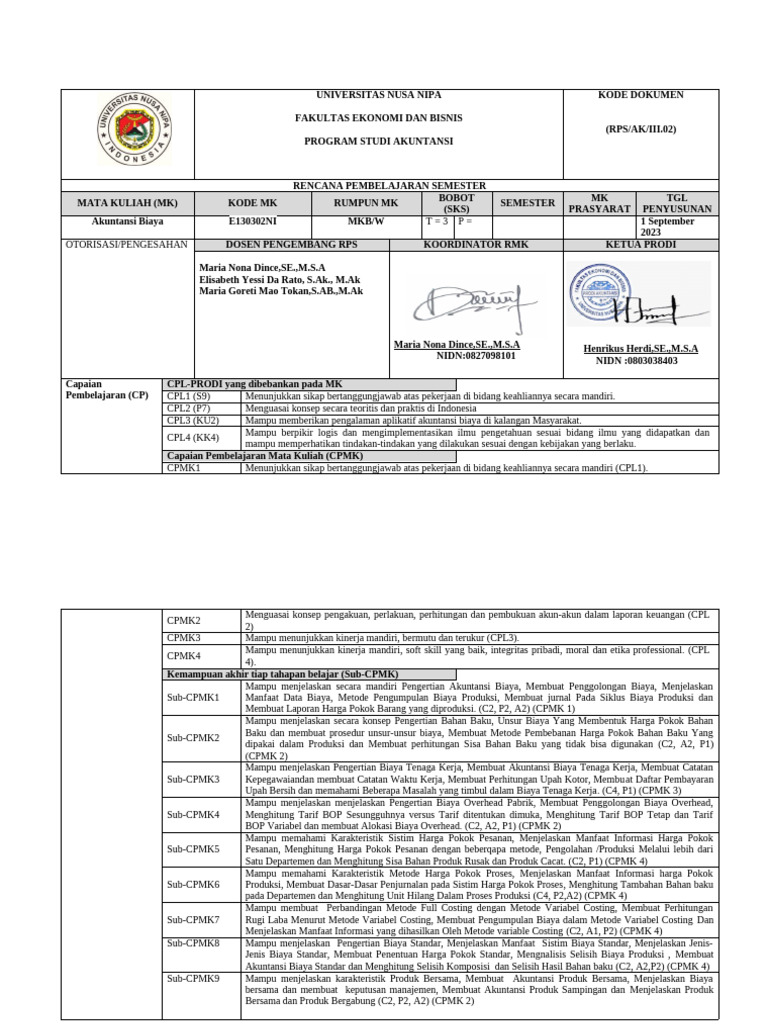Rps Obe - MK Akuntansi Biaya | PDF | Bisnis