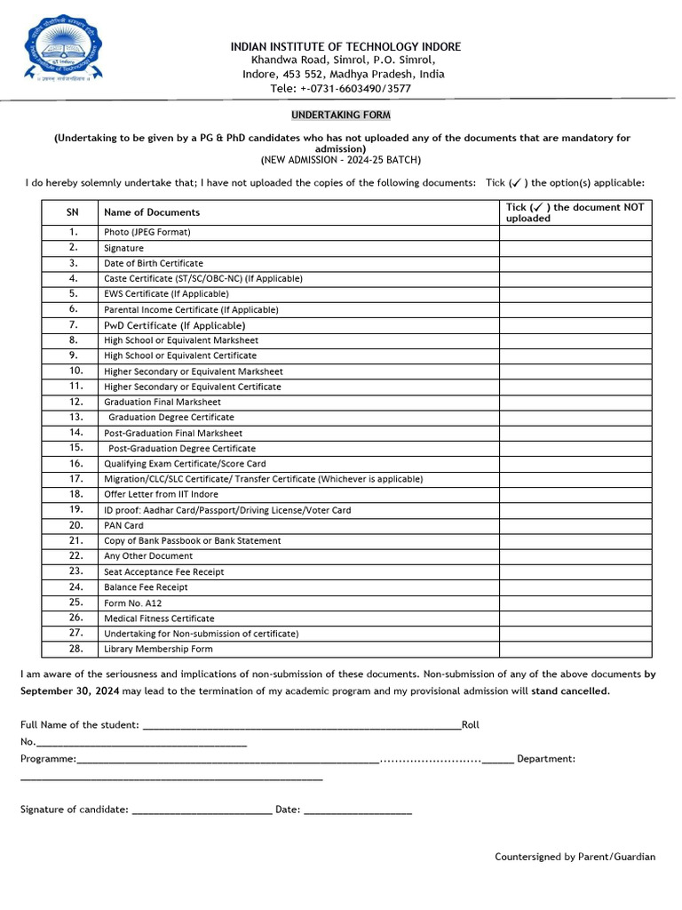 Undertaking For Non-Subission of Documents For PG Students - AY 2024-25 ... Undertaking For Non-Subission of Documents For PG Students - AY 2024-25 ...