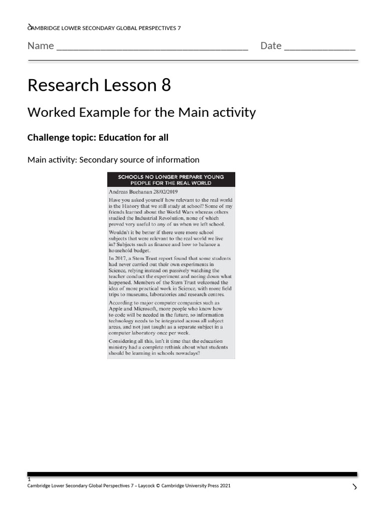 Research Lesson 8 Worked Example For The Main Activity | PDF