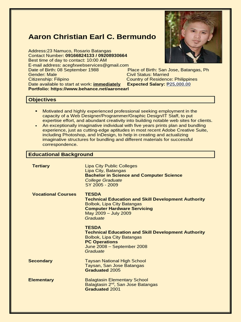 Resume of Aaron Christian Earl C. Bermundo | PDF | Vocational Education ...