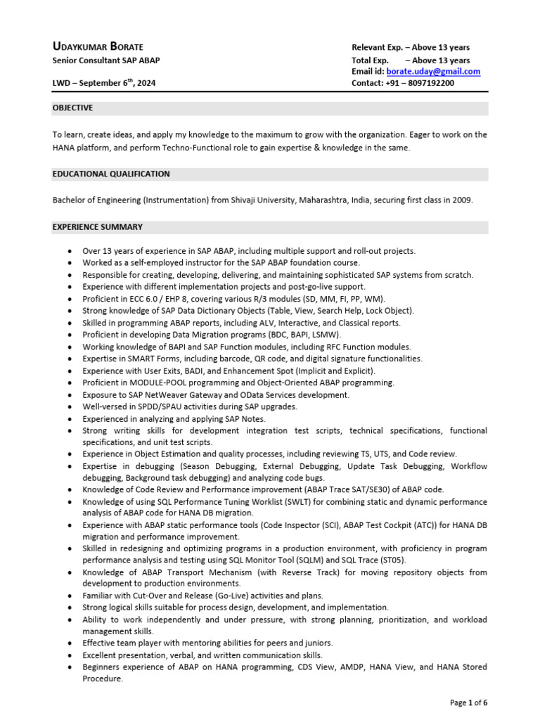 Resume SAP ABAP Exp 13 Years Udaykumar Borate Mumbai 918097192200 PDF ...