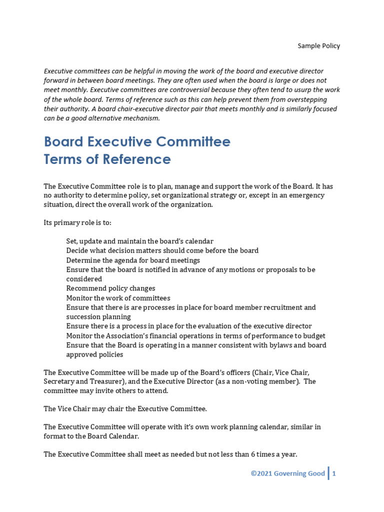 Board Executive Committee Terms of Reference | PDF | Committee | Policy