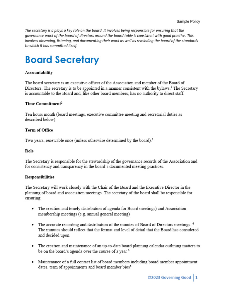 Board Secretary Role and Responsibilities | PDF | Board Of Directors ...