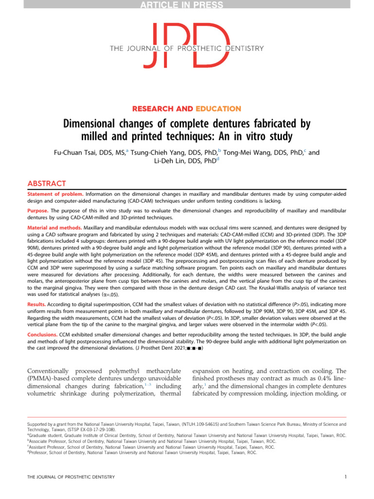 Dimensional Changes of Complete Dentures | PDF | Dentures | 3 D Printing