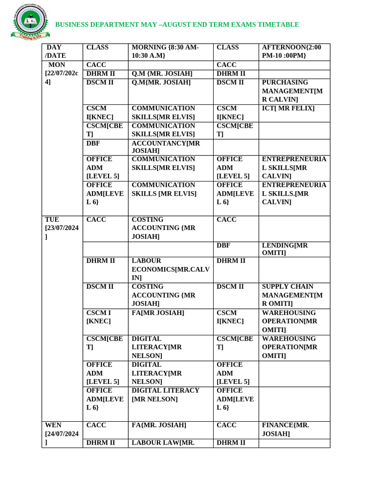 Otc Business Exam Timetable 2024 | PDF | Finance & Money Management ...