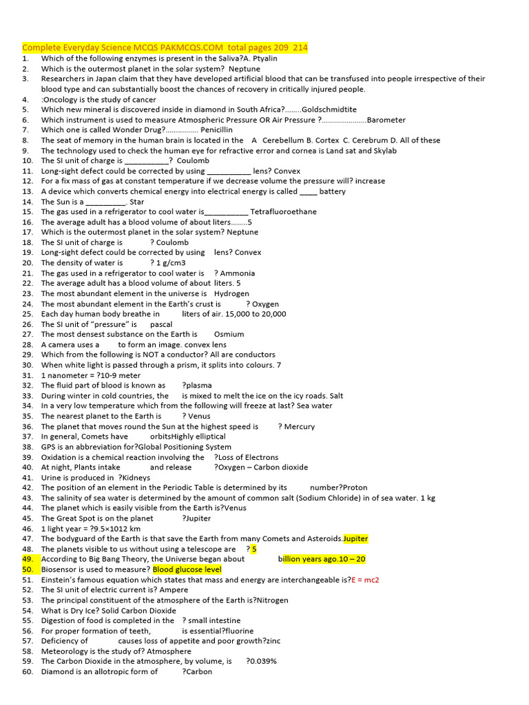 PakMcqs (Everyday Science) | PDF | Atoms | Atmosphere Of Earth