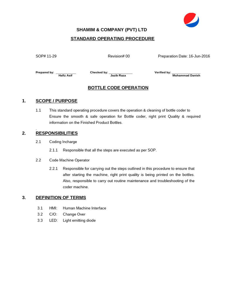 Sop 11 29 Bottle Coding Operation Pdf Printer Computing