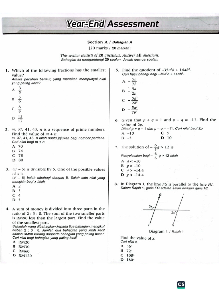 Set 2 Uasa Matematik Tingkatan 1 | PDF