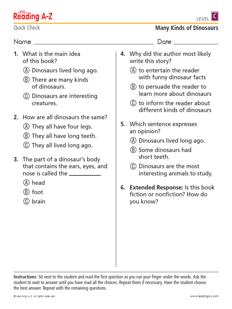 Dinosaur Comprehension Quick Check | PDF | Reading Comprehension ...