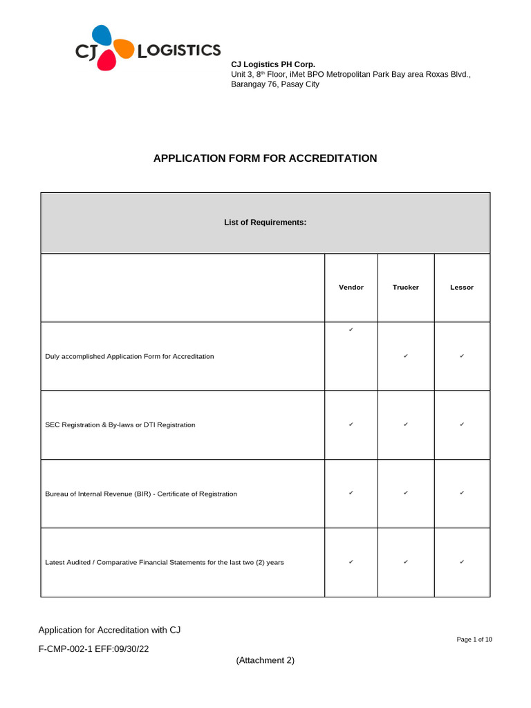CJ Logistics Accreditation Application Form | PDF | Business