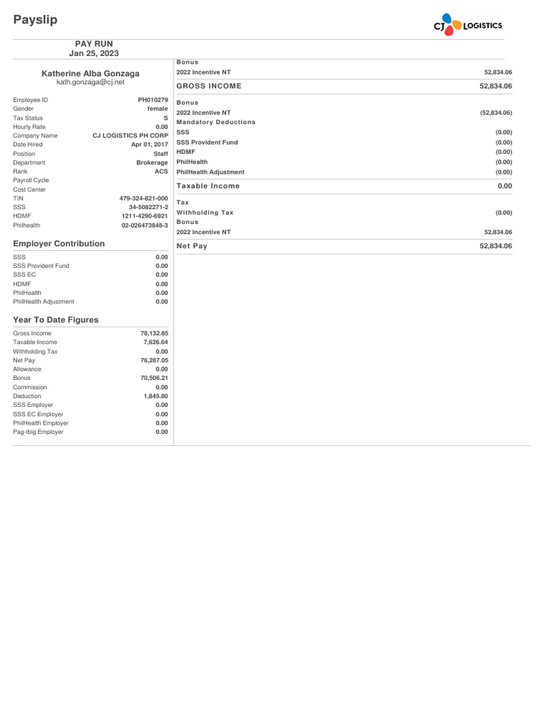 Payslip - PH010279 Gonzaga, Katherine A. 20230125 2 | PDF | Public ...
