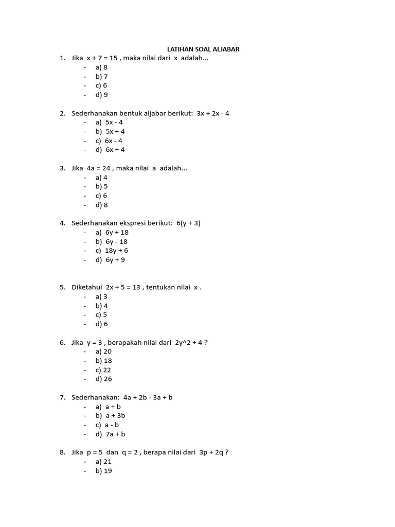 Materi Dan Latihan Soal Aljabar (Ryu) | PDF