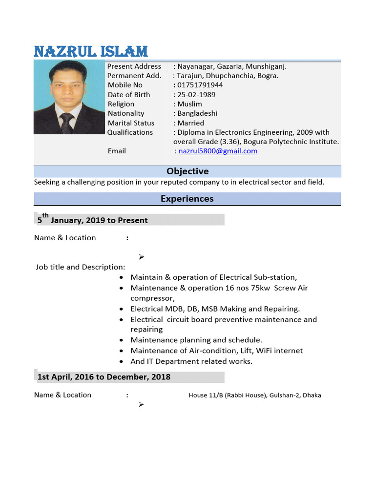Nazrul Islam CV - General | PDF | Electricity | Electrical Engineering