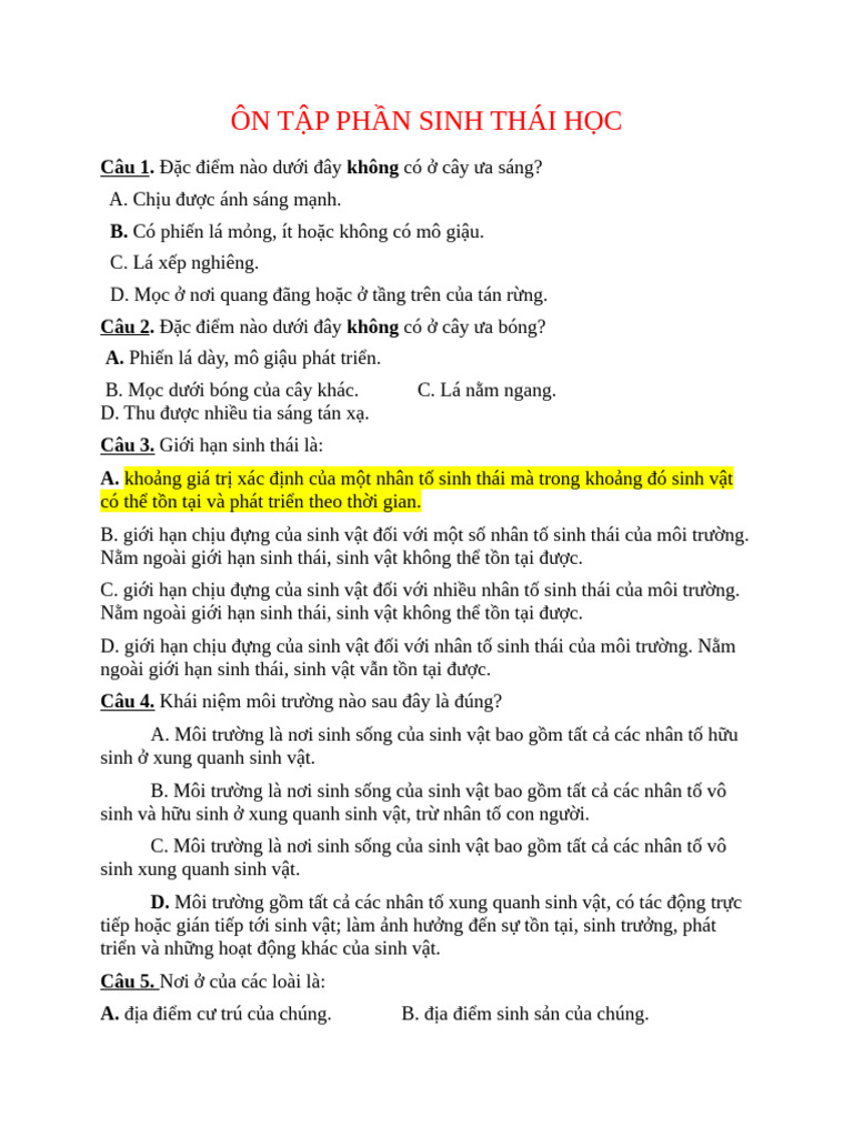 On TP PHN Sinh Thai HC 1 | PDF