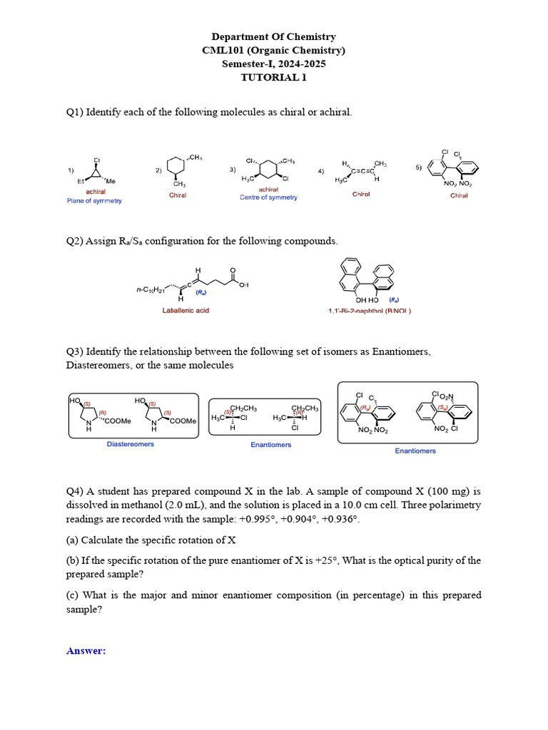 Tutorial 1 Answers | PDF | Stereochemistry | Organic Chemistry