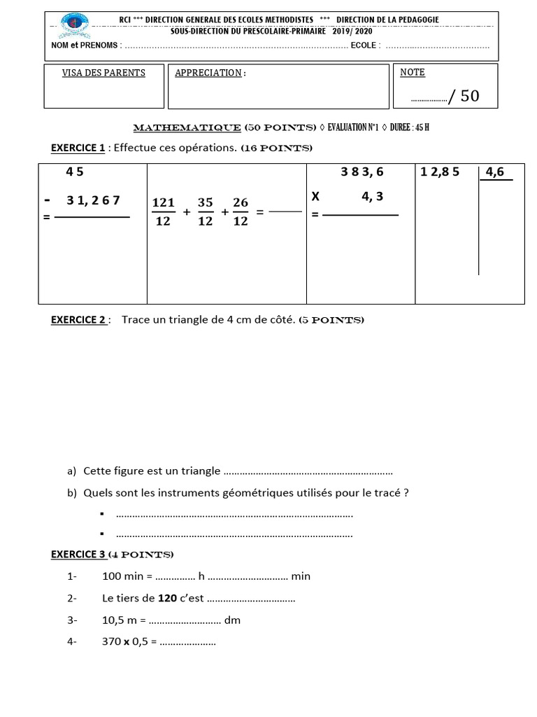 Evaluation N°1 Math | PDF