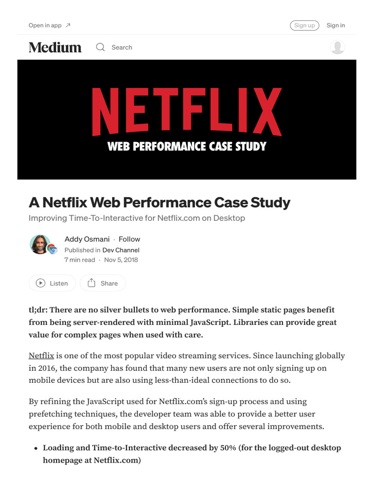 A Netflix Web Performance Case Study - by Addy Osmani - Dev Channel - Medium | PDF | Java Script ...
