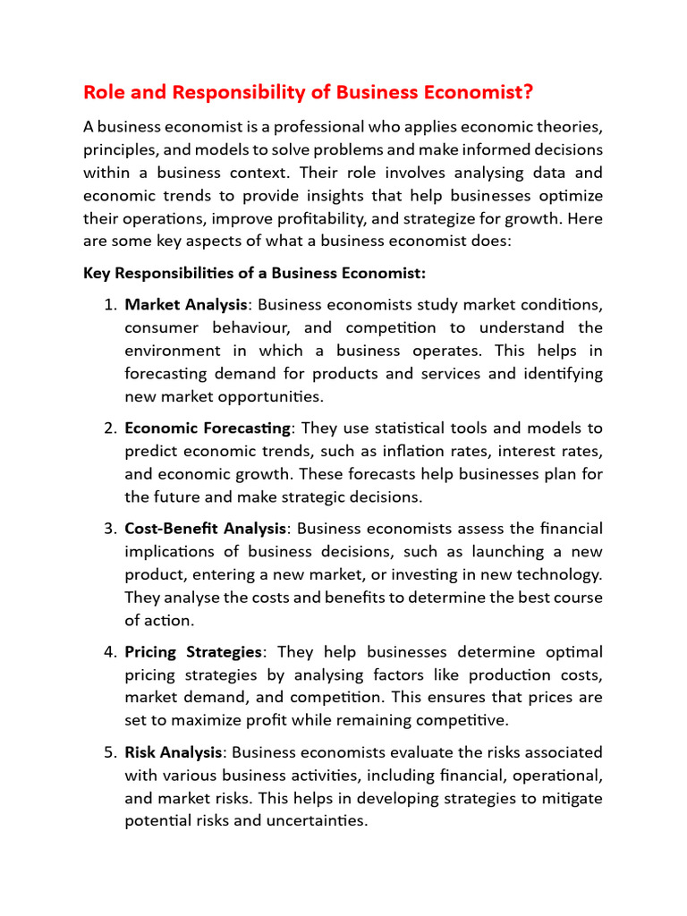 Role & Responsibilities of Business Economists | PDF | Economics ...