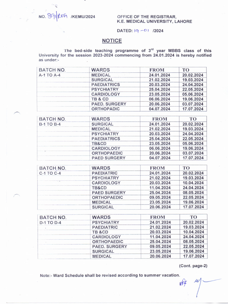 3rd Year Ward Schedule For The Session 2023-20240001 | PDF | Clinical ...