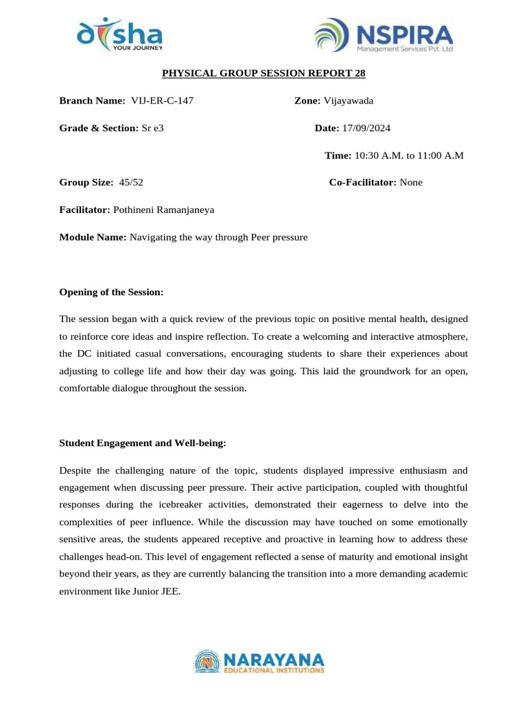 Physical Group Session Report 28 Branch Name: Zone: Grade & Section ...