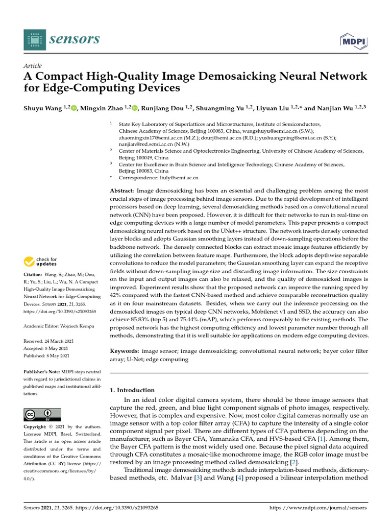 Sensors: A Compact High-Quality Image Demosaicking Neural Network For Edge-Computing Devices ...