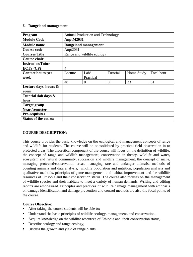 Range and Wildlife Ecology Coures Out Line | PDF | Ecology ...