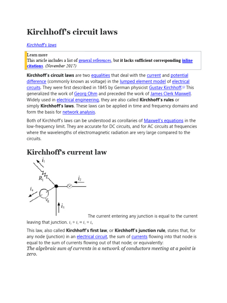 Kirchhoff's Circuit Laws Kirchhoff's Circuit Laws: Kirchhoff's Current ...