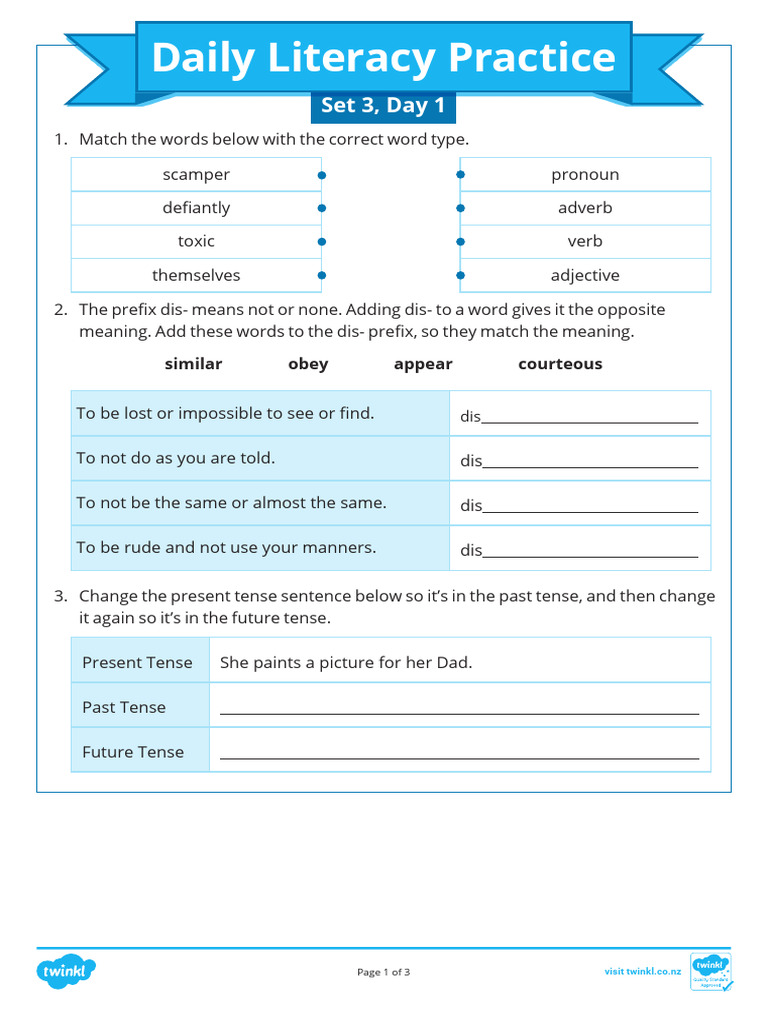 Daily Literacy Practice - Set 3 | PDF | Grammatical Tense | Verb