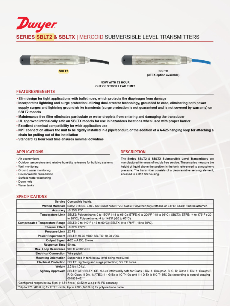 SUBMERSIBLE - LEVEL - TRANSMITTERS Water Sensor | PDF | Water | Electrical Engineering