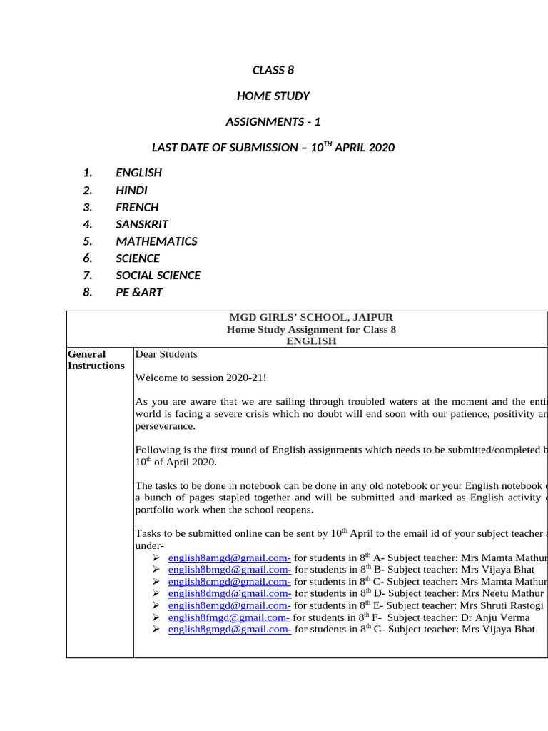 Class 8 Home Study Assignments | PDF | Foreign Language Studies