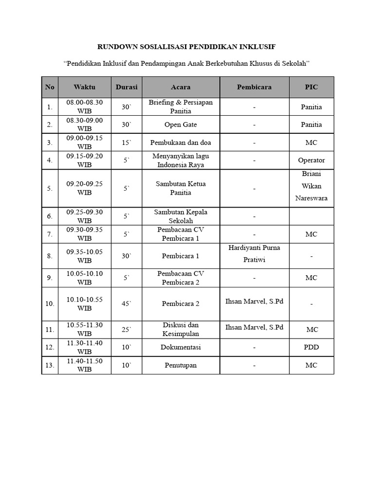 Rundown Sosialisasi Pendidikan Inklusif | PDF