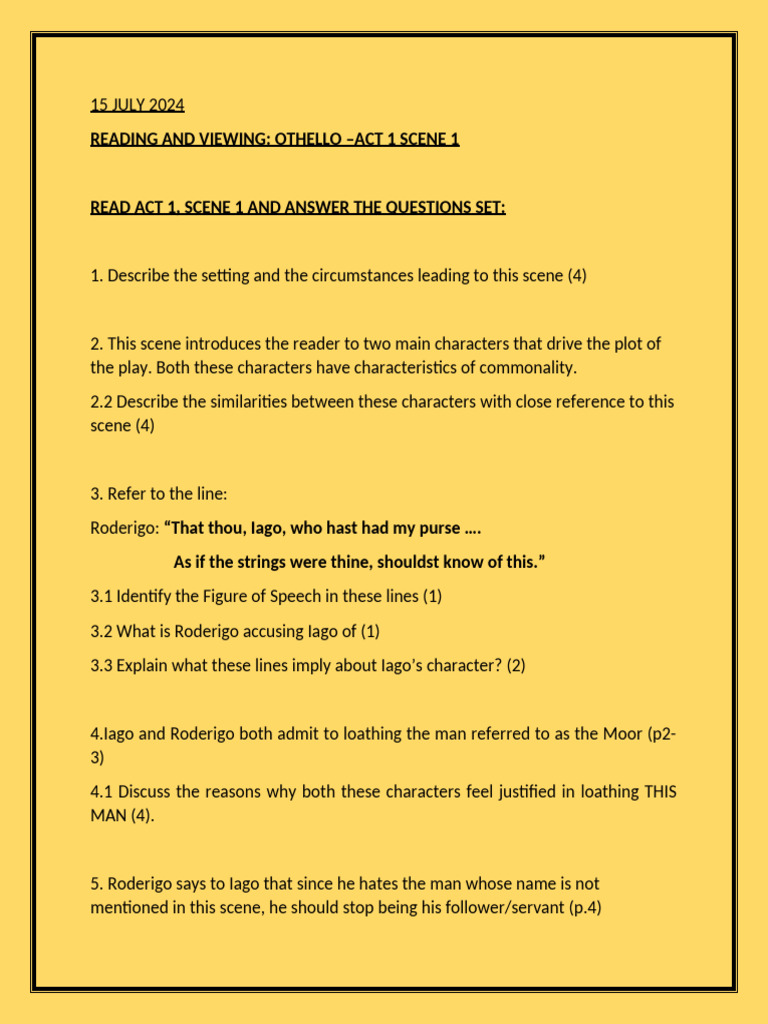 Othello Act 1 Scene 1 Analysis Questions | PDF | Othello | Iago