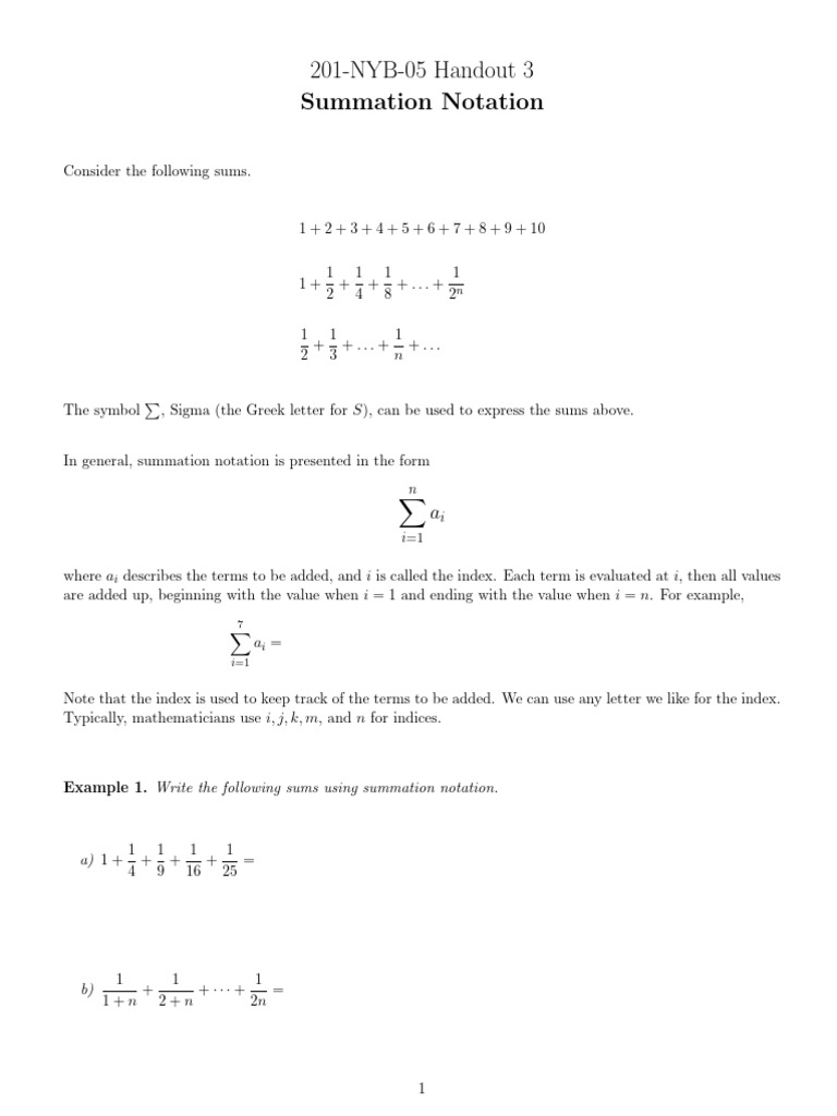 Handout 3 Summation Notation 1 | PDF | Summation | Mathematical Objects