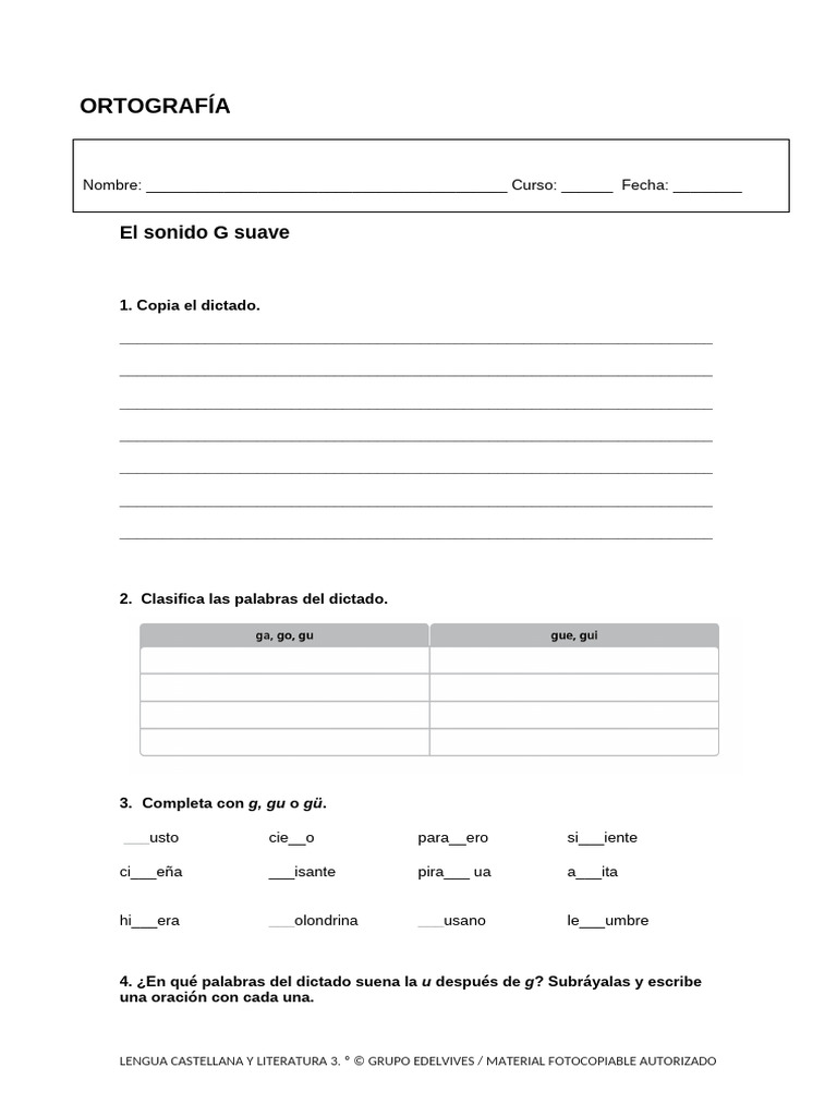 Dictado y Ejercicios de G Suave 3º Primaria | PDF