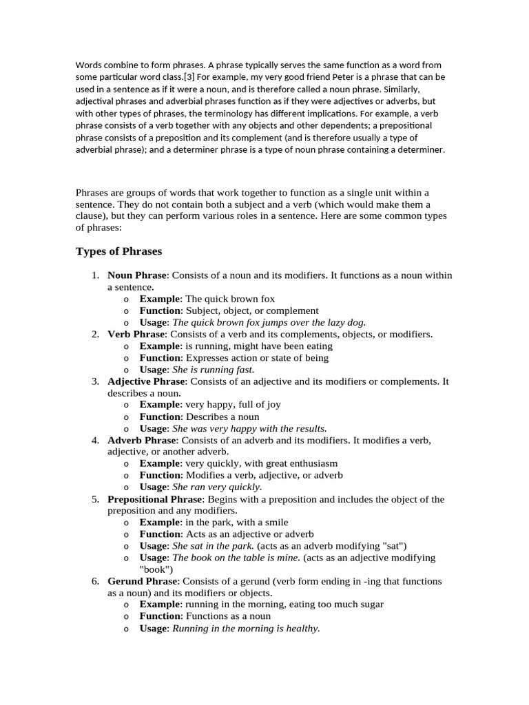 Words Combine To Form Phrases | PDF | Adjective | Verb