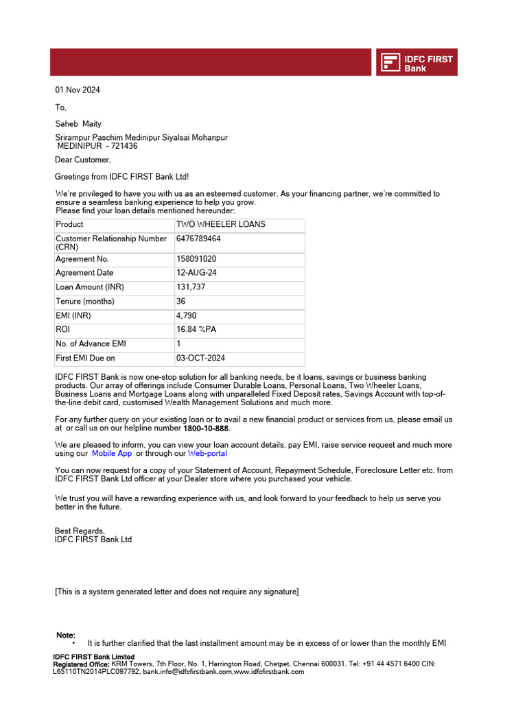 Welcome Letter - 163716432 | PDF | Banks | Loans