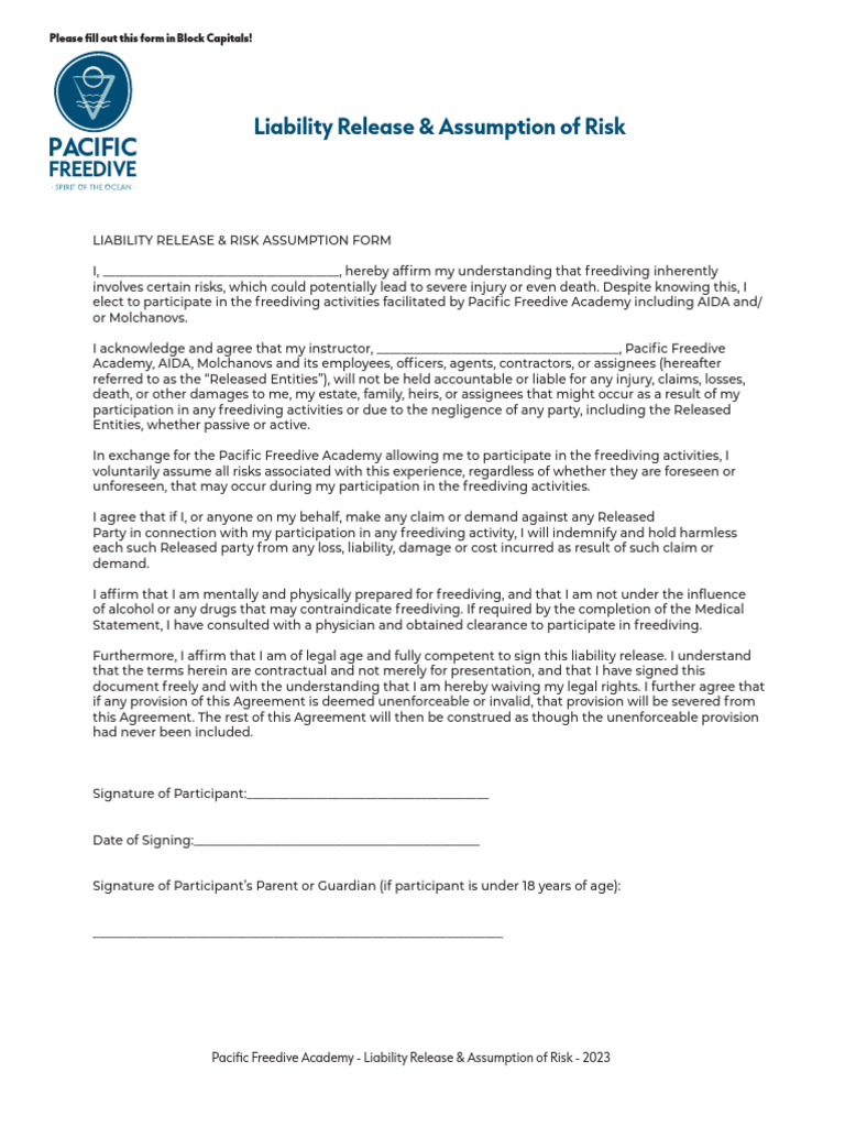 Liability Release Form - PACIFIC FREEDIVE ACADEMY - 2023 | PDF | Legal ...