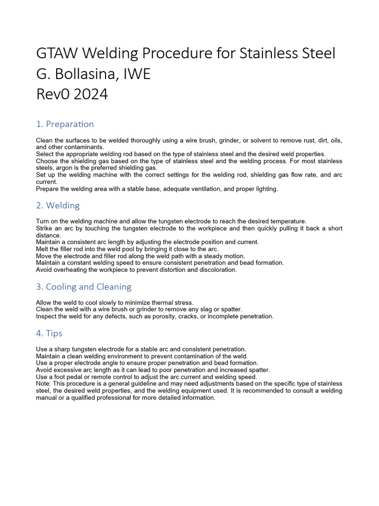 Welding Procedure - GTAW For Stainless Steel Rev0 | PDF | Home & Garden | Science & Mathematics