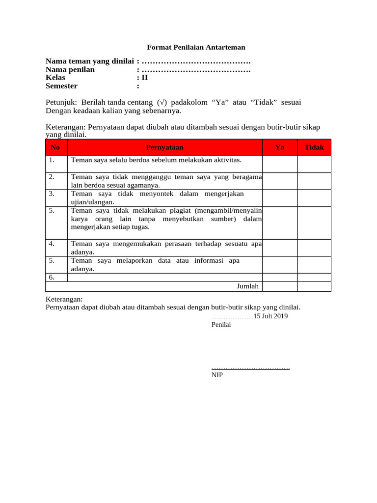 13.format Penilaian Antar Teman RPP 1 | PDF
