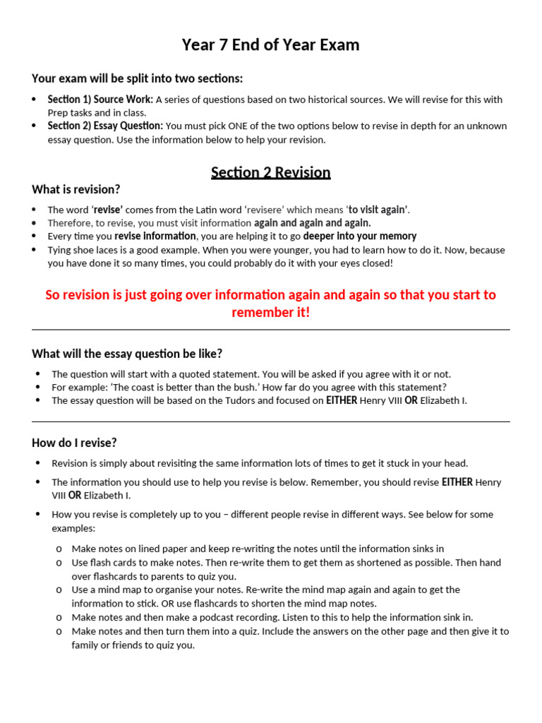 Year 7 End of Year Exam Guidance | PDF