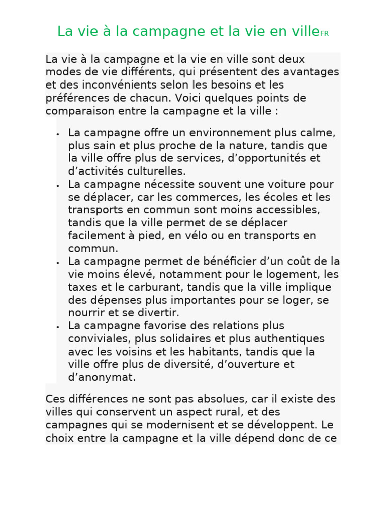 Campagne vs Ville : Avantages et Inconvénients | PDF