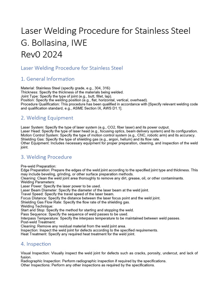 Welding Procedure - Laser Welding For Stainless Steel Rev0 | PDF ...