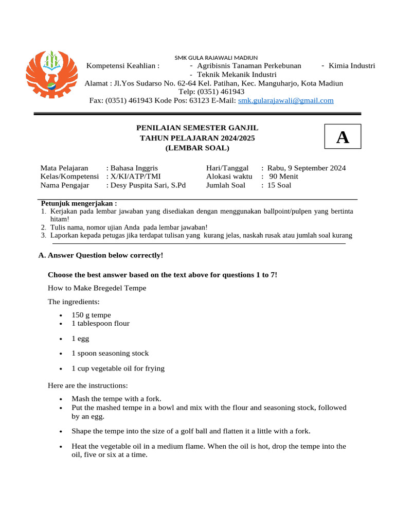 PTS Ganjil X 2024 Kode A | PDF | Cakes | Foods